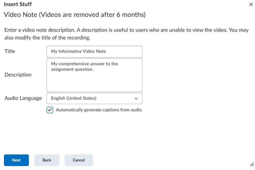 Create and insert a video note in D2L Brightspace | Learning Technology ...